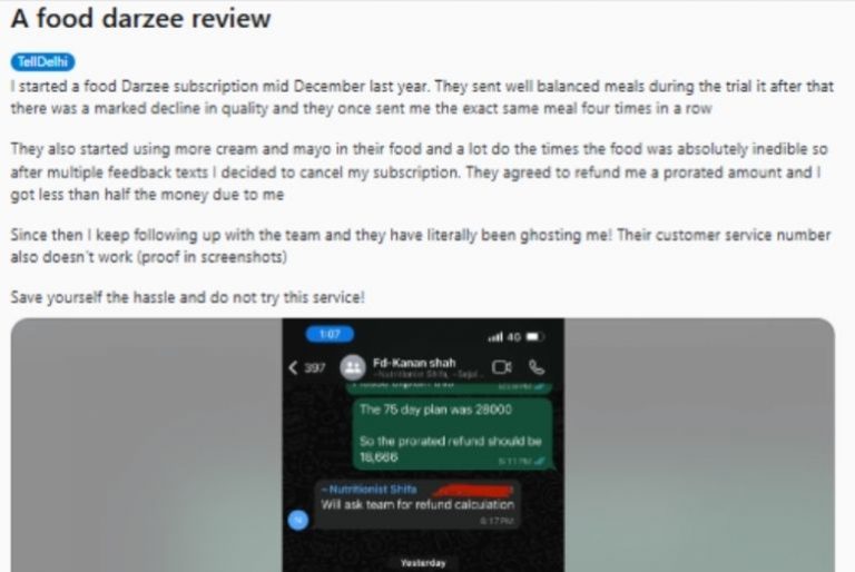 Woman Posts Scathing Review Of Food Darzee Claiming Food Quality Has ...